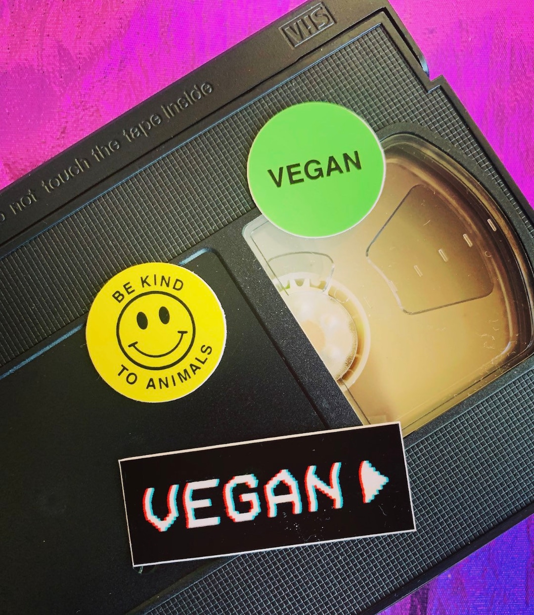 VEGAN Mini Stickers 3 Small Sticker Pack Be Kind Rewind Face VCR Glitch ...