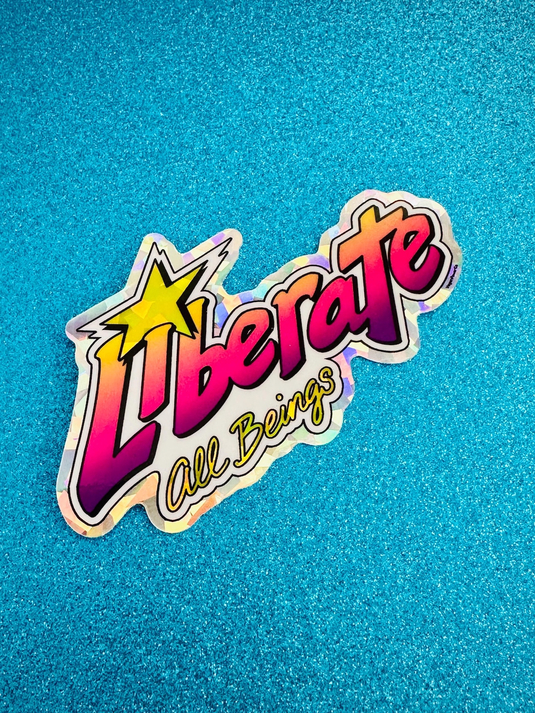 LIBERATE ALL BEINGS Sticker - Vegan 80s Cartoon Style Glitter Decal ...