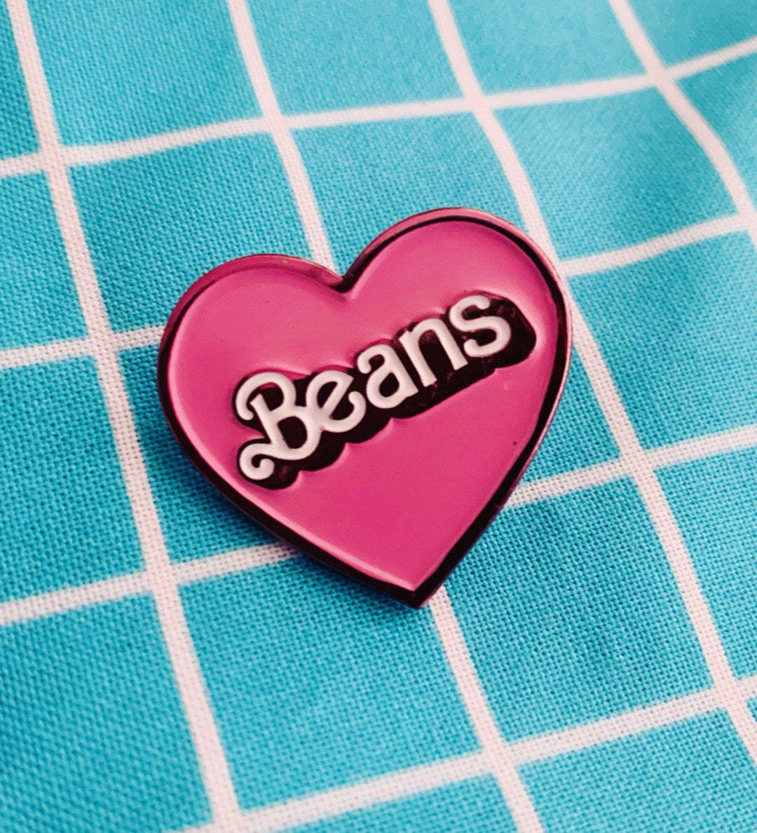 BEANS PIN 80s Retro Heart Style Pink Enamel Badge Vegan Protein Power ...