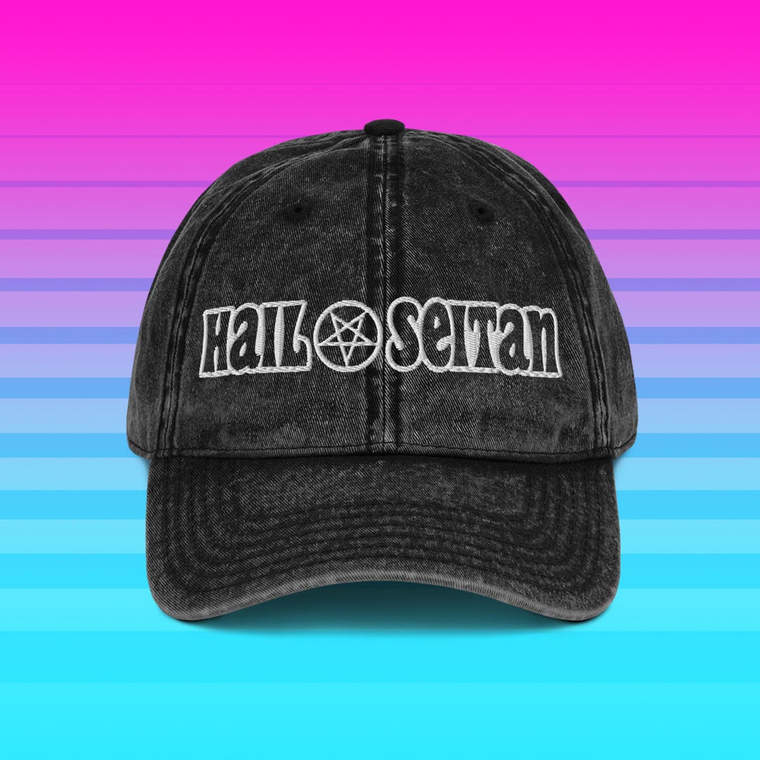 Hail Seitan Embroidered Dad Hat - White on Black Vintage Style Cotton ...