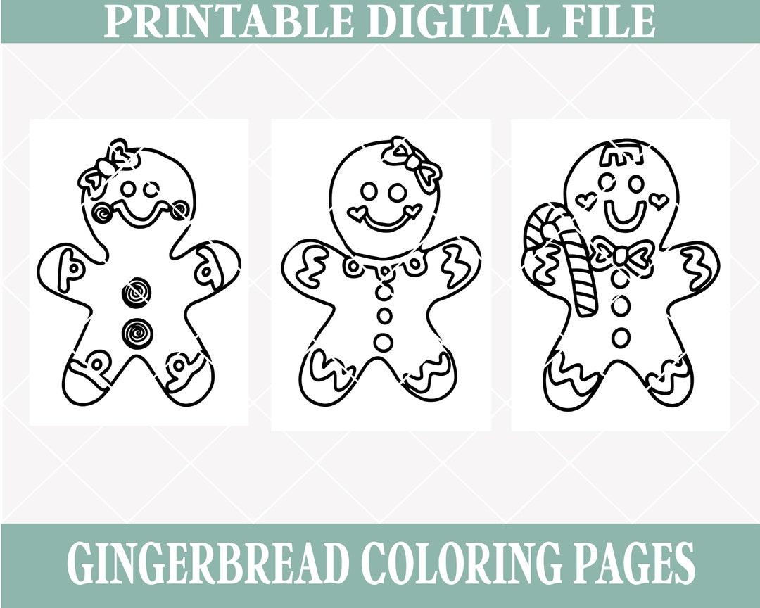 Gingerbread Coloring Pages PDF JPEG Printables, Hand Drawn, Christmas ...