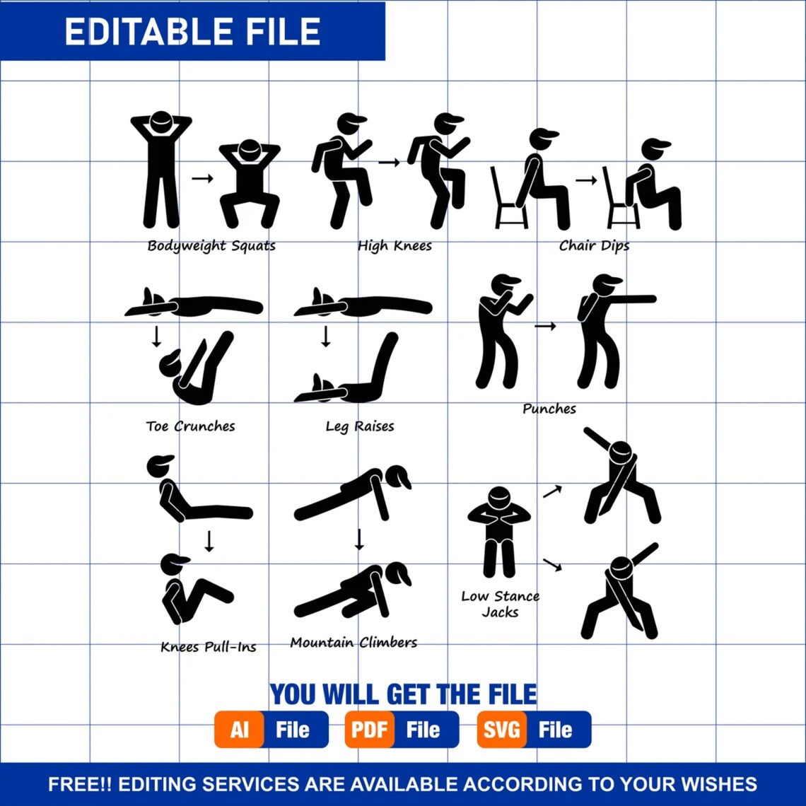 Body Gym Workout Exercise Fitness Training Squats High Knees Chair Dip ...