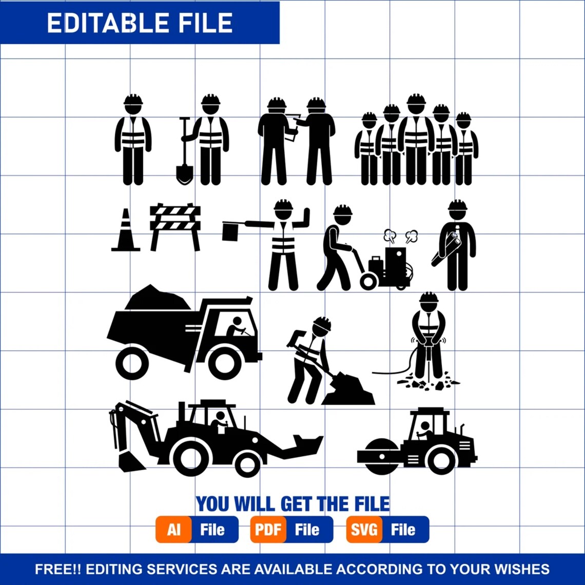Road Construction Worker Engineer Plan Cone Barriers Truck Bulldozer ...