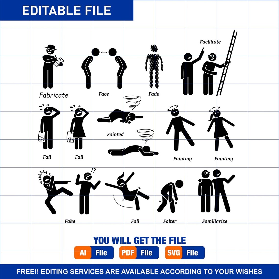Stick Figures Man People Stickman Silhouette Action Verbs F Vector SVG ...