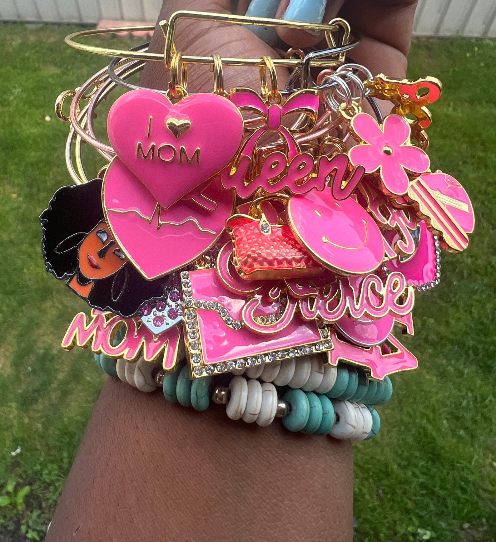 BANGLE BRACELET With Dark Pink Charms ,bangle With Charms - Etsy