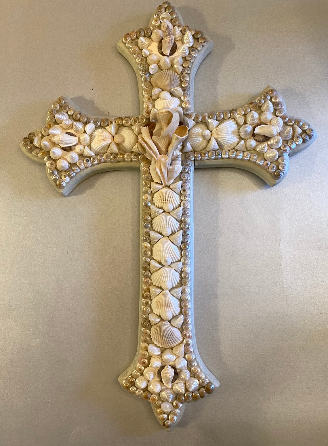 Embellished Ivory Shell Cross, Large Encrusted Seashell Cross, One of a ...