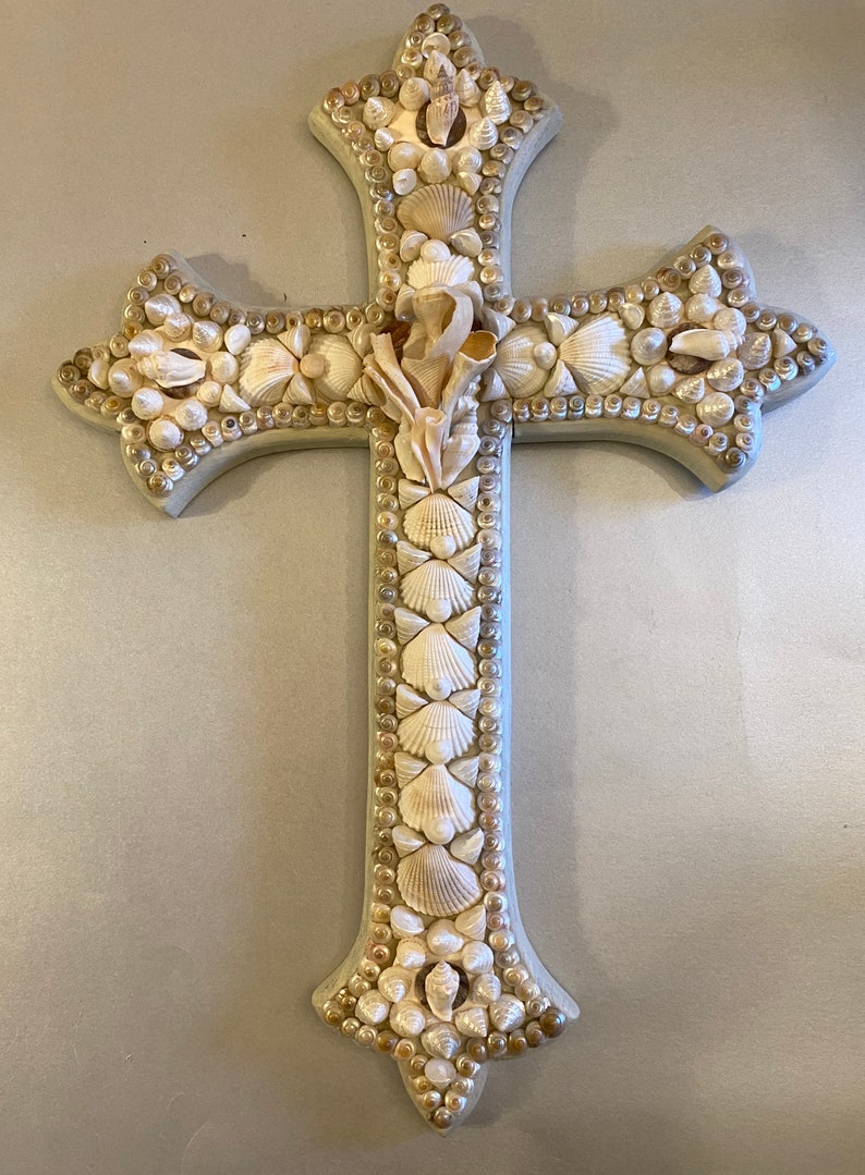 Embellished Ivory Shell Cross, Large Encrusted Seashell Cross, One of a ...