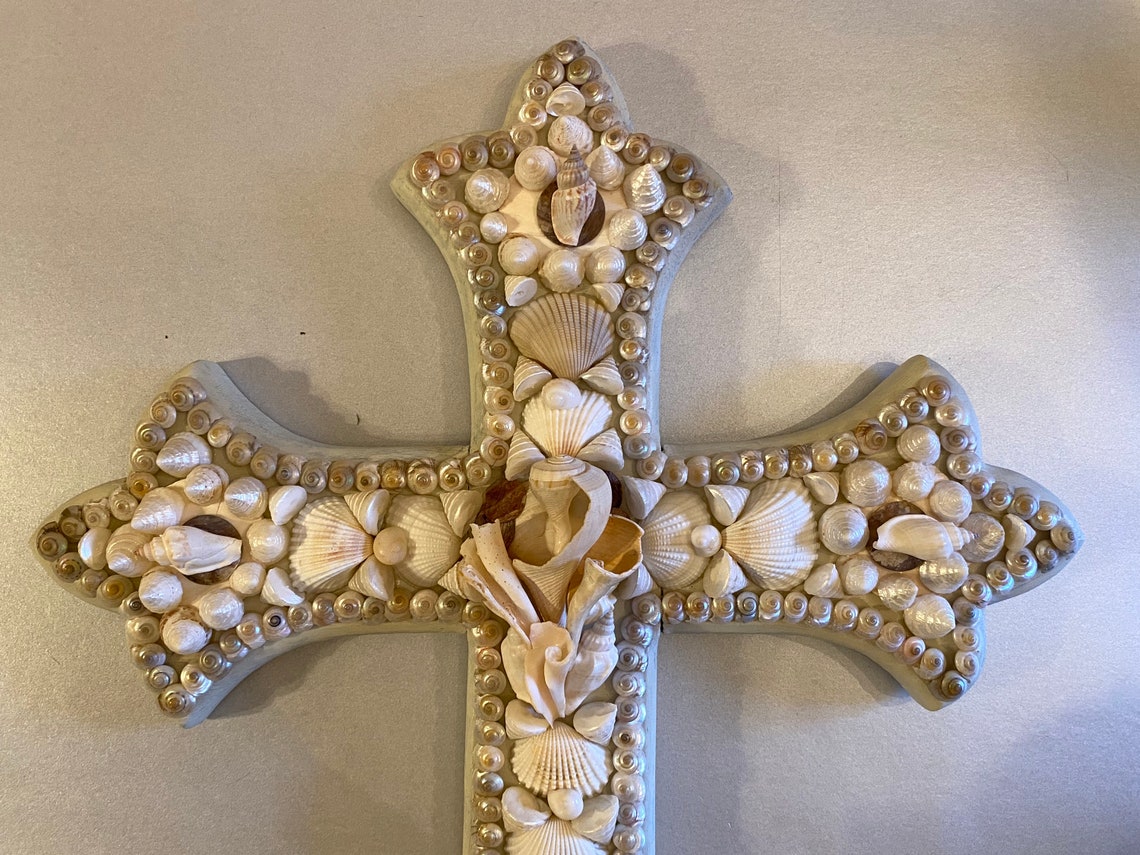 Embellished Ivory Shell Cross, Large Encrusted Seashell Cross, One of a ...