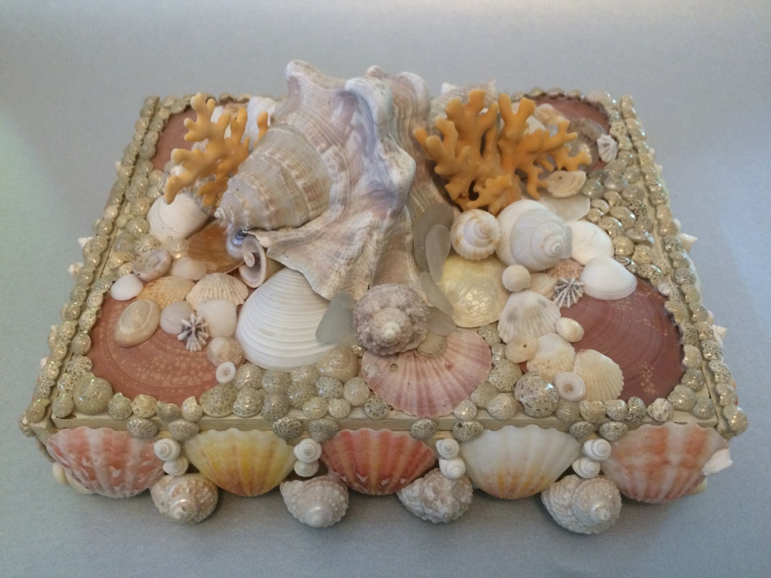 Handmade Ornate Seashell Box Shell Box Encrusted Embellished Beach ...