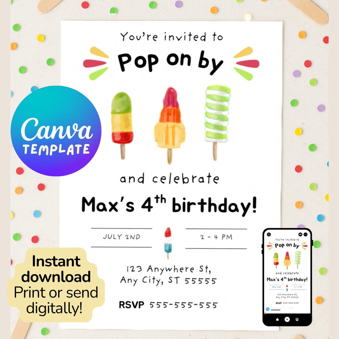 Editable Popsicle Party Invite | Summer Birthday Invitation | Pop on by ...