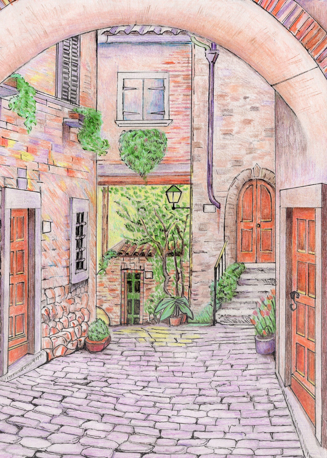 Courtyard • Drawing - Etsy
