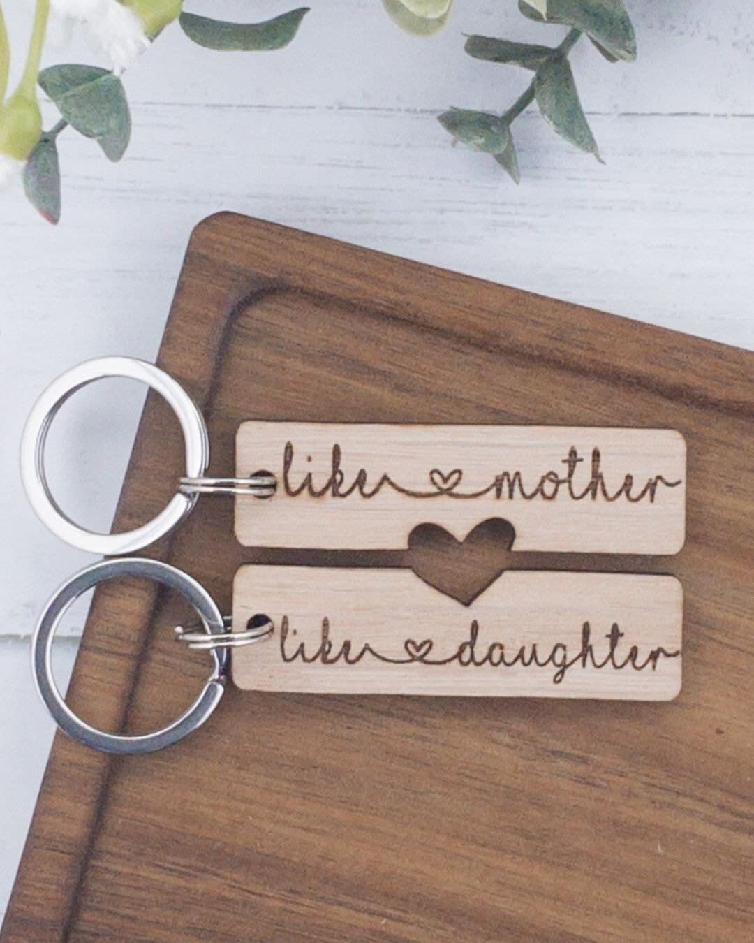 Mother Daughter Keychain Set: Engraved Wood, Heart Keychains - Etsy