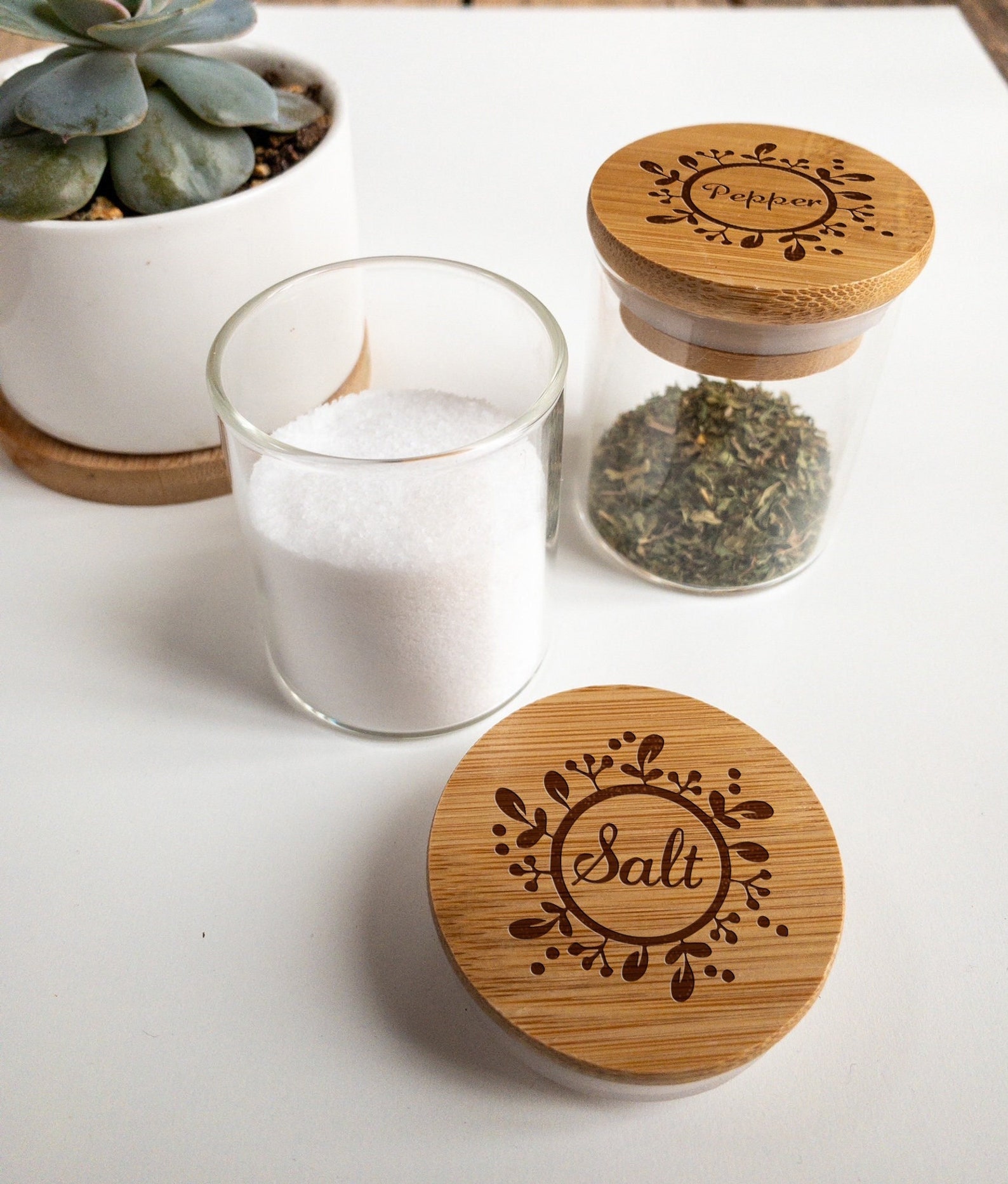 Personalized Spice Jars: Laser Engraved Bamboo Lid, Glass Pantry ...