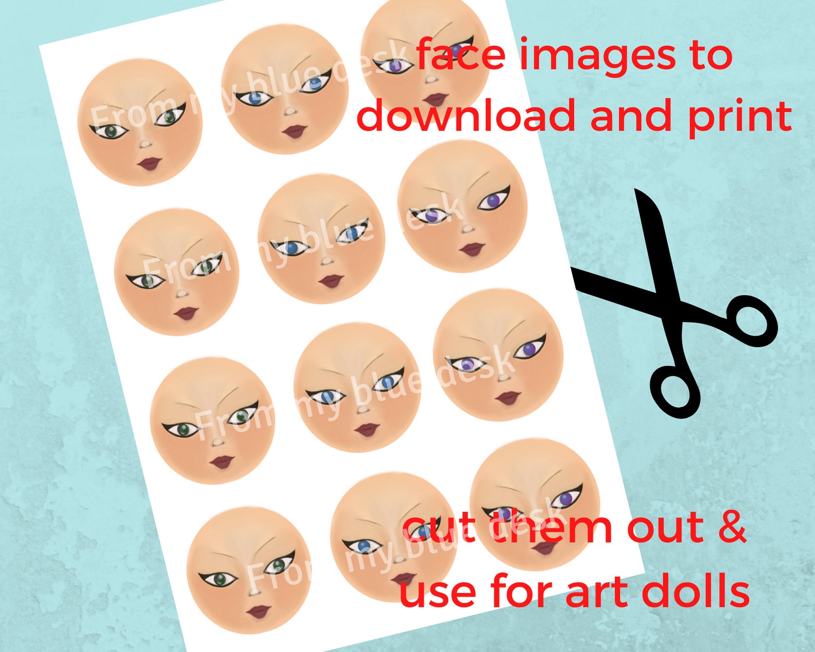 Printable Doll Faces for Making Art Dolls, Whimsical Female Face for ...