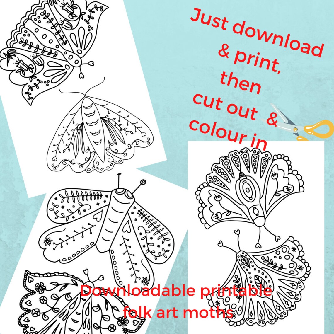 Printable Hand Drawn Line Art Folk Art Moths to Colour In, Moth Wings ...