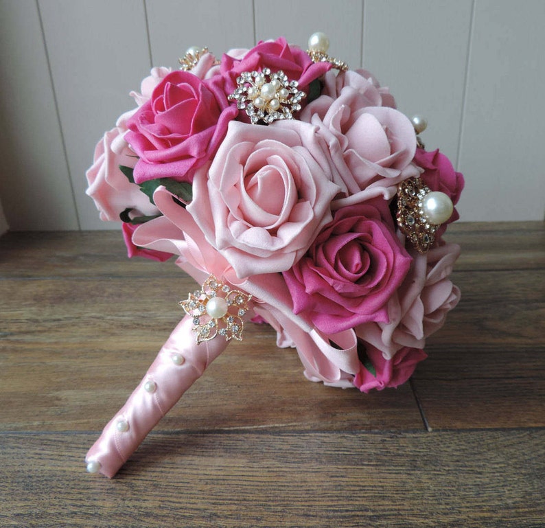 Artificial Pink Rose Bridal Bouquet - Etsy