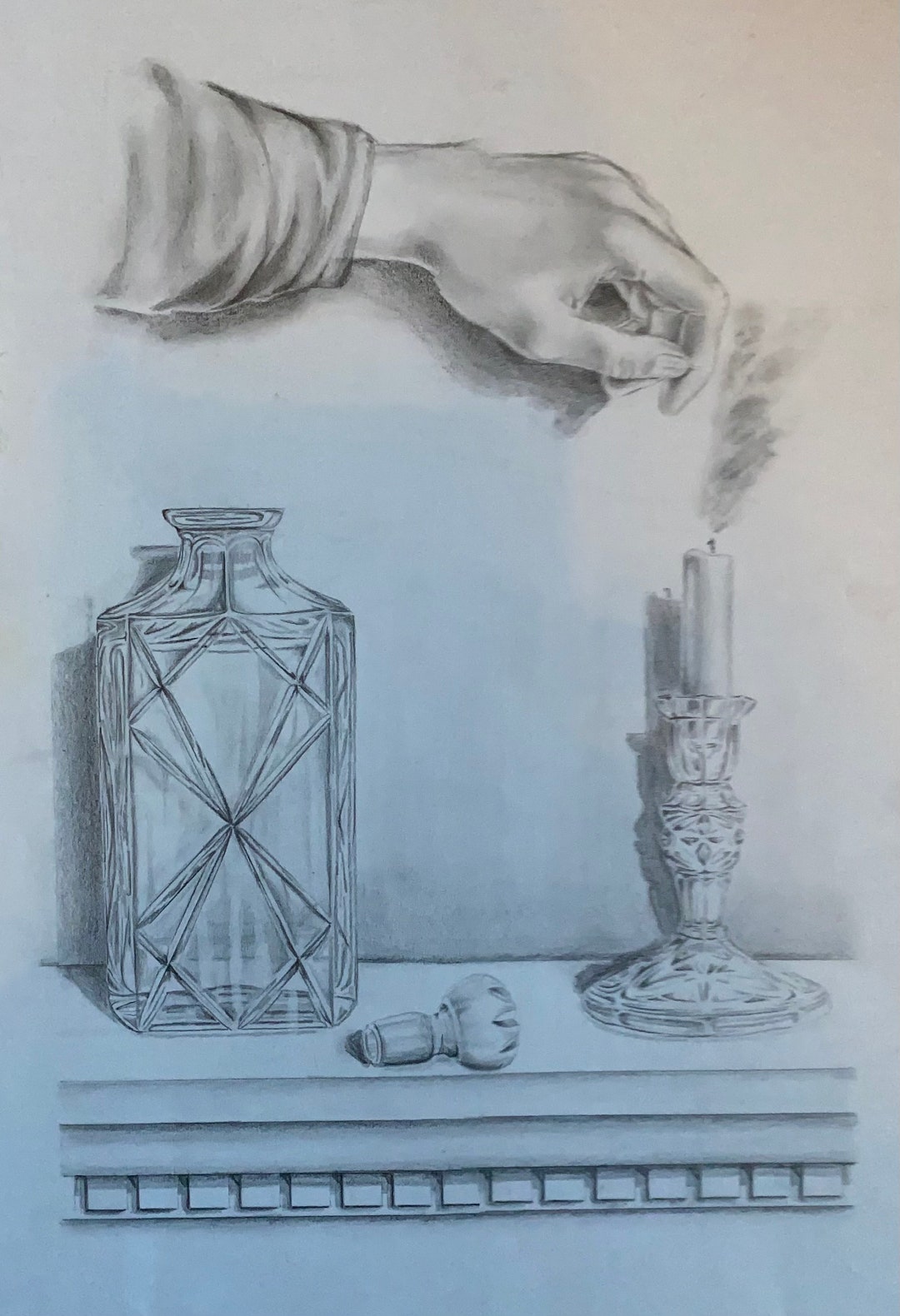 Large Vintage Drawing - Glass Candle and Decanter. Original Drawing by ...
