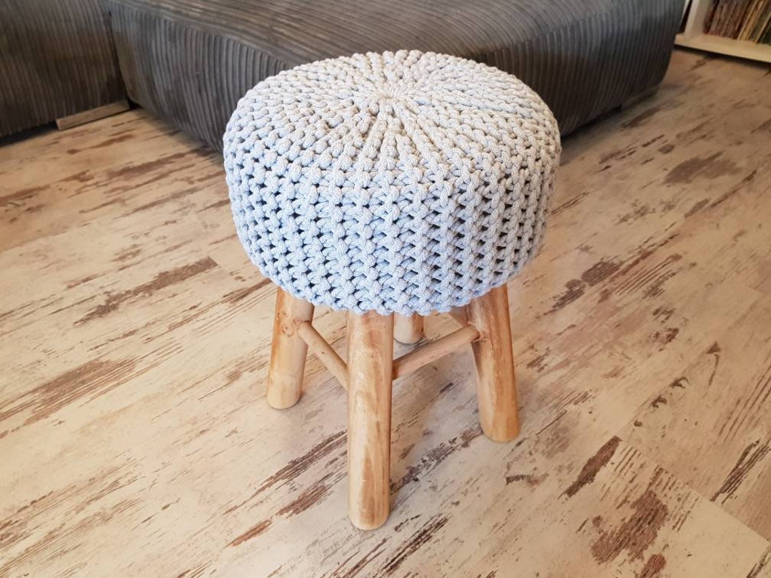 Knitted Stool Pouf Colours Light Grey Seat Crochet Pouf Ottoman Footstool Etsy