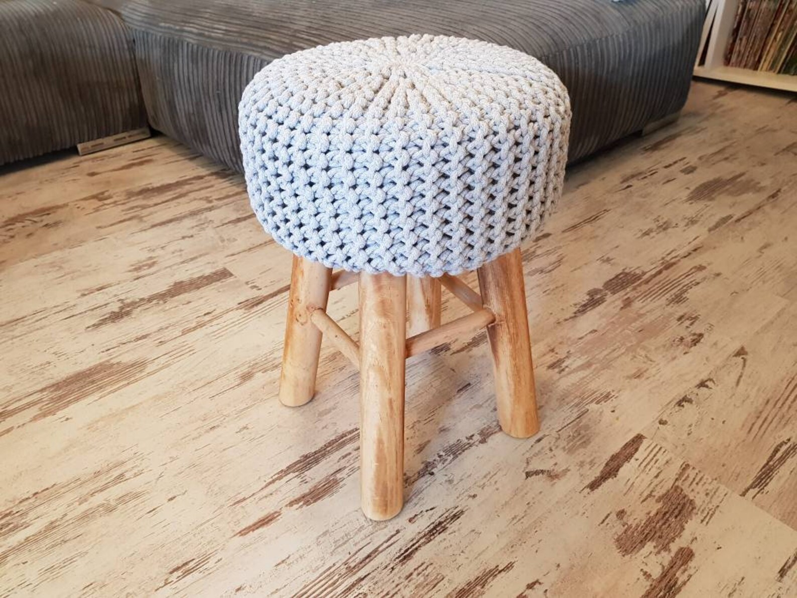 Knitted Stool Pouf Colours Light Grey Seat Crochet Pouf | Etsy