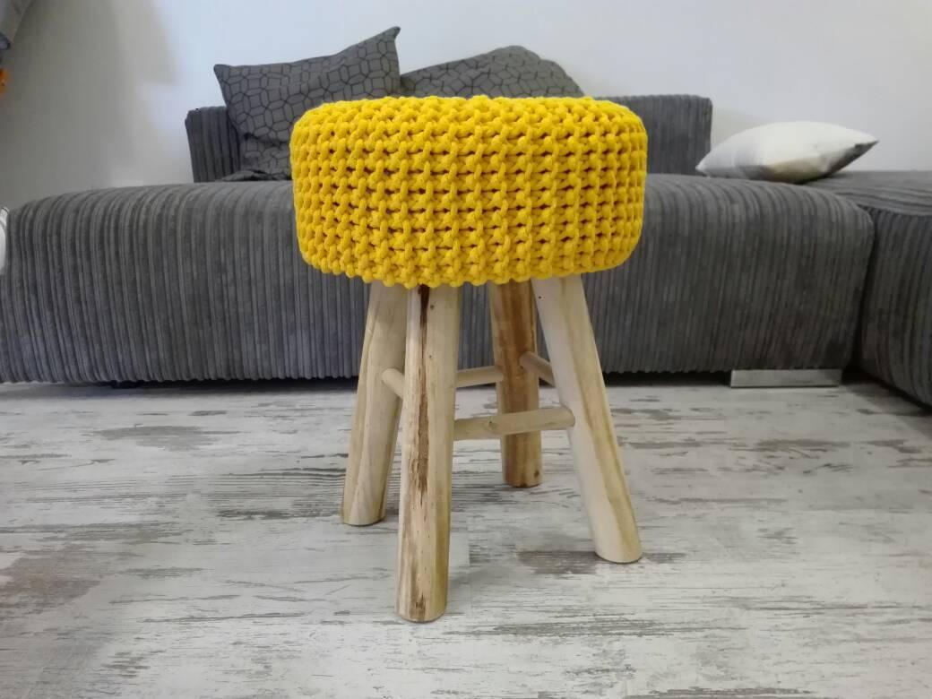 Knitted Stool Pouf Colours Dark Yellow Seat Crochet | Etsy