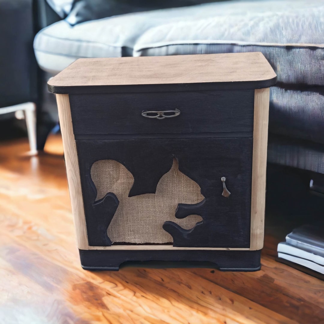 Vintage Upcycling Nightstand Side Table Squirrel Black Natural Drawers ...