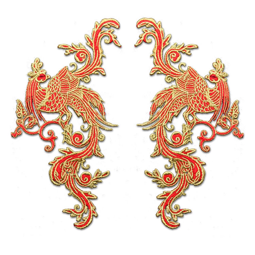 One Pair of Single Color 19.5x10cm Phoenix Embroidery Bird Applique ...
