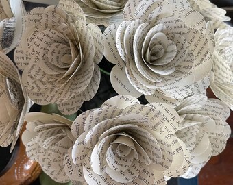 Book Page Roses With Stem, Vintage Paper Flowers, Literary Wedding ...