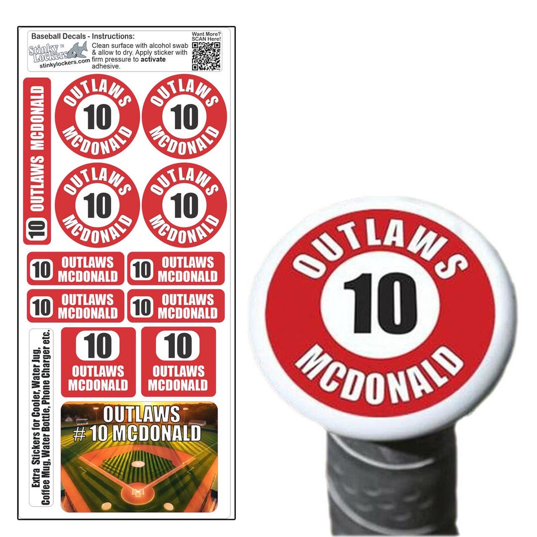 Personalized Baseball Bat Knob Stickers: Team Name & Number (set of 12 ...