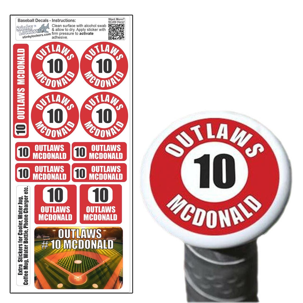 Personalized Baseball Bat Knob Stickers: Team Name & Number (set of 12 ...