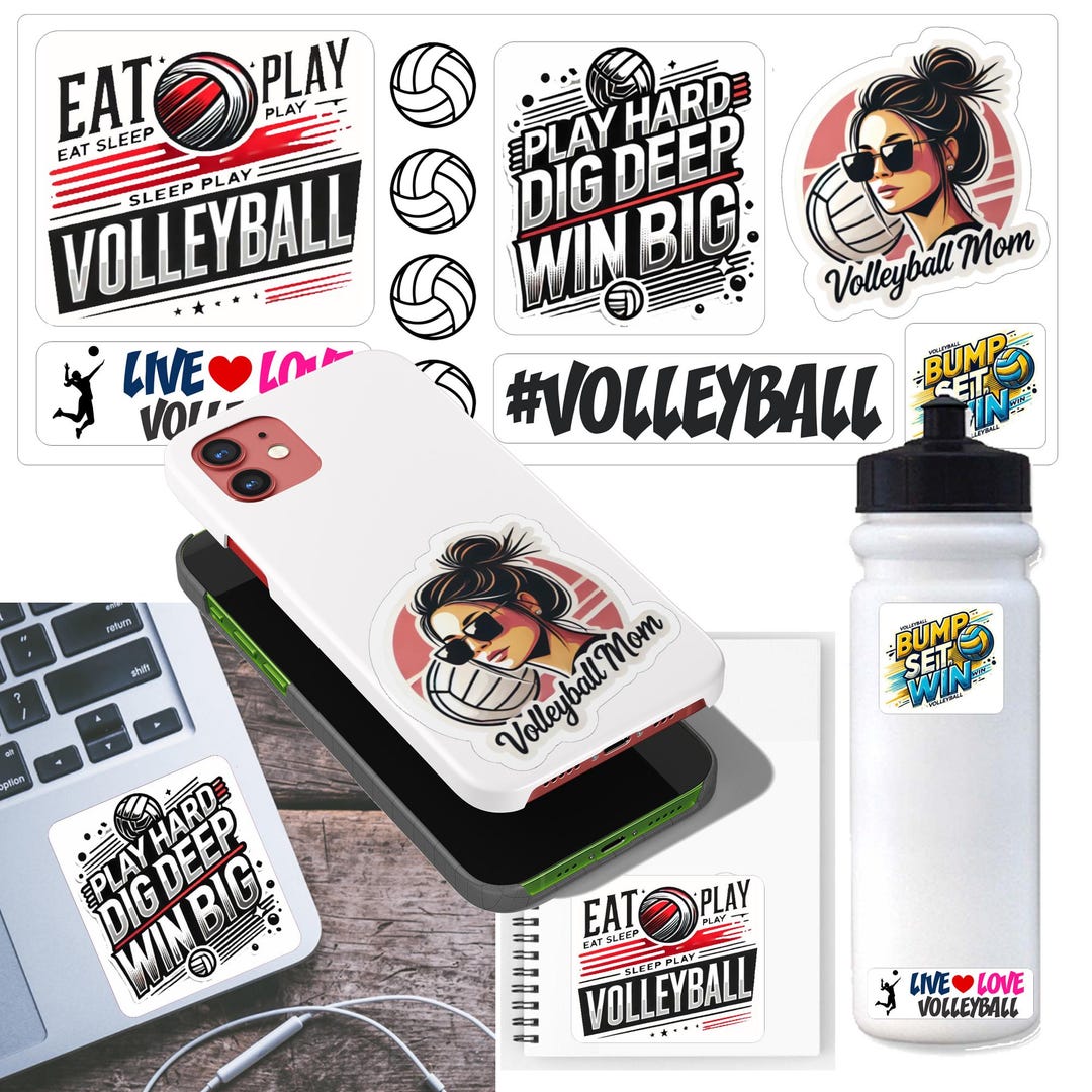 Volleyball Spirit Pack - 10 Assorted Waterproof Stickers for Volleyball ...