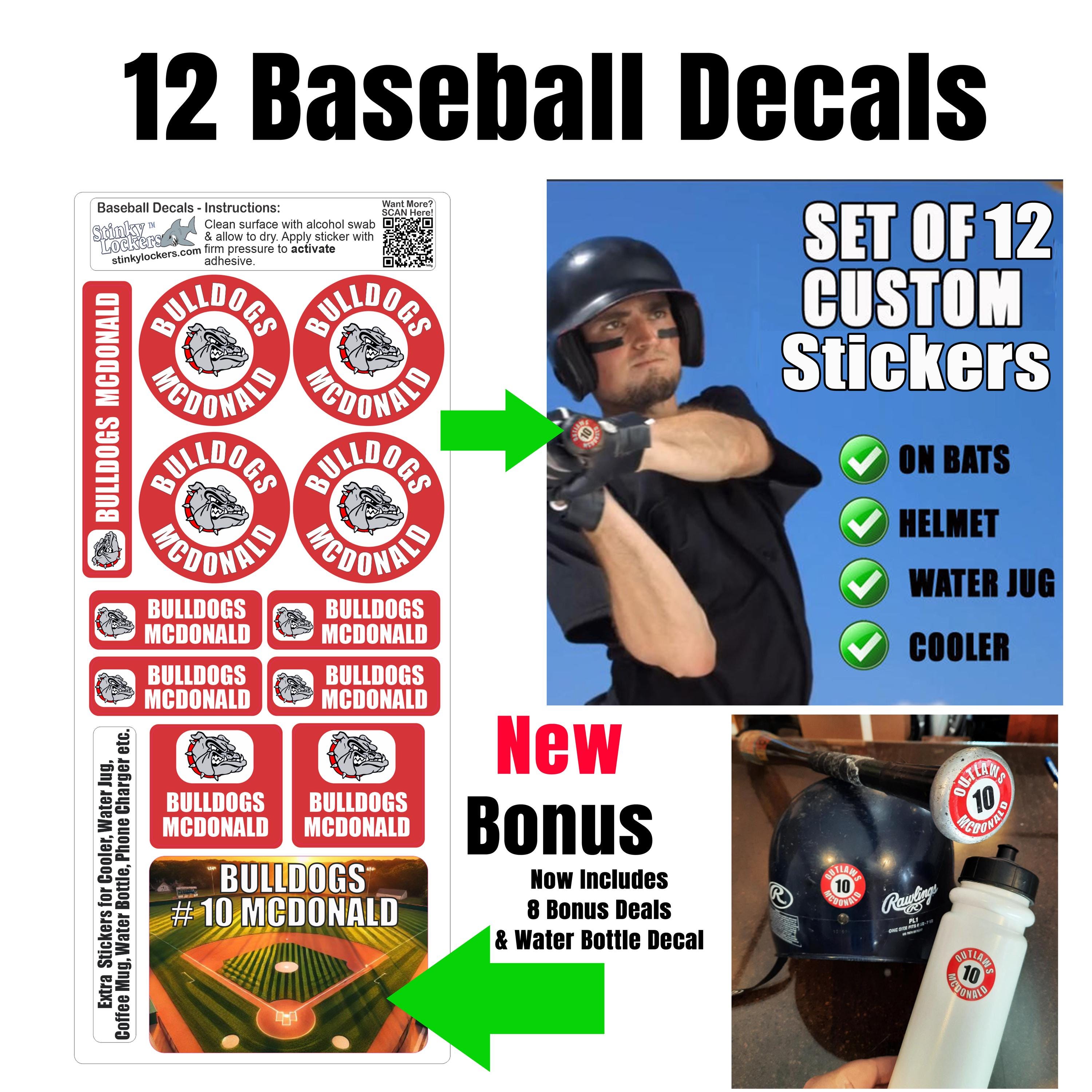 Personalized Baseball Bat Knob Stickers: Team Name & Number (set of 12 ...