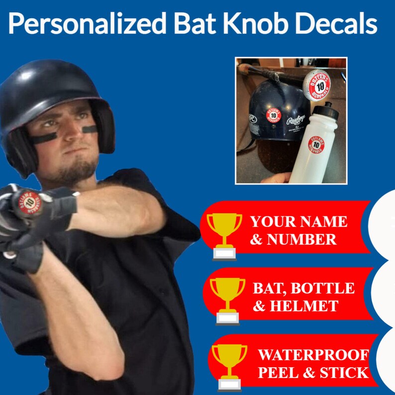 Personalized Baseball Bat Knob Stickers: Team Name & Number (set of 12 ...
