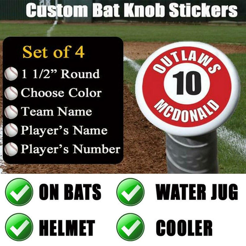 Personalized Baseball Bat Knob Stickers: Team Name & Number (set of 12 ...