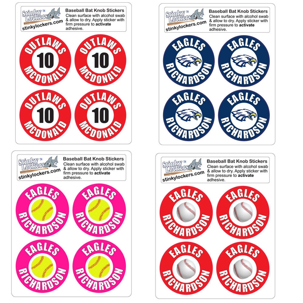 Personalized Baseball Bat Knob Stickers: Team Name & Number (set of 12 ...