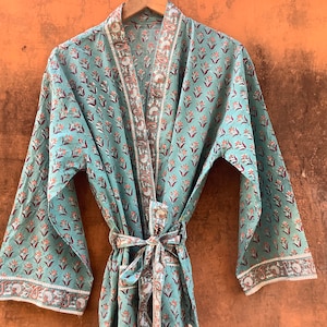 Teal Cotton Kimono Robes for Women Indian Dressing Gown Unisex ...