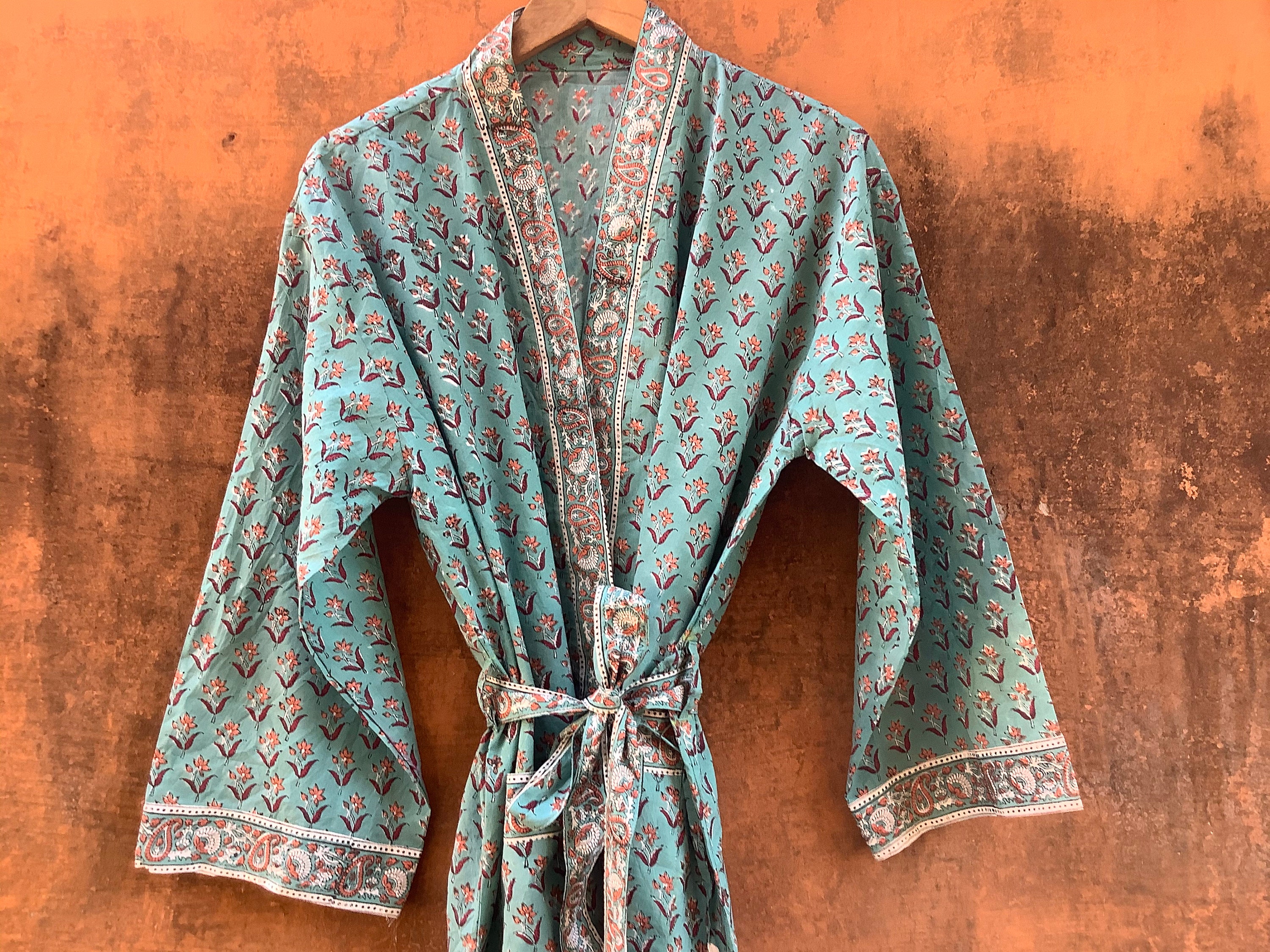 Teal Cotton Kimono Robes for Women Indian Dressing Gown Unisex - Etsy
