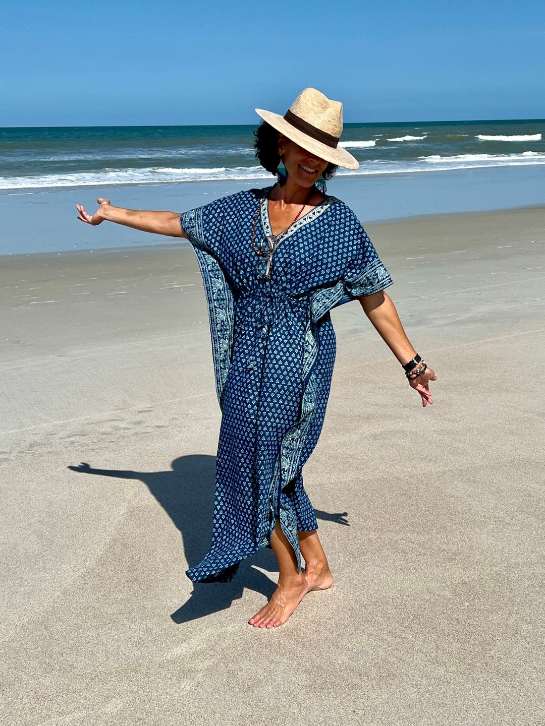 Summer Cotton Kaftan, Blue Beach Cover Loungewear, Indigo Block Print ...