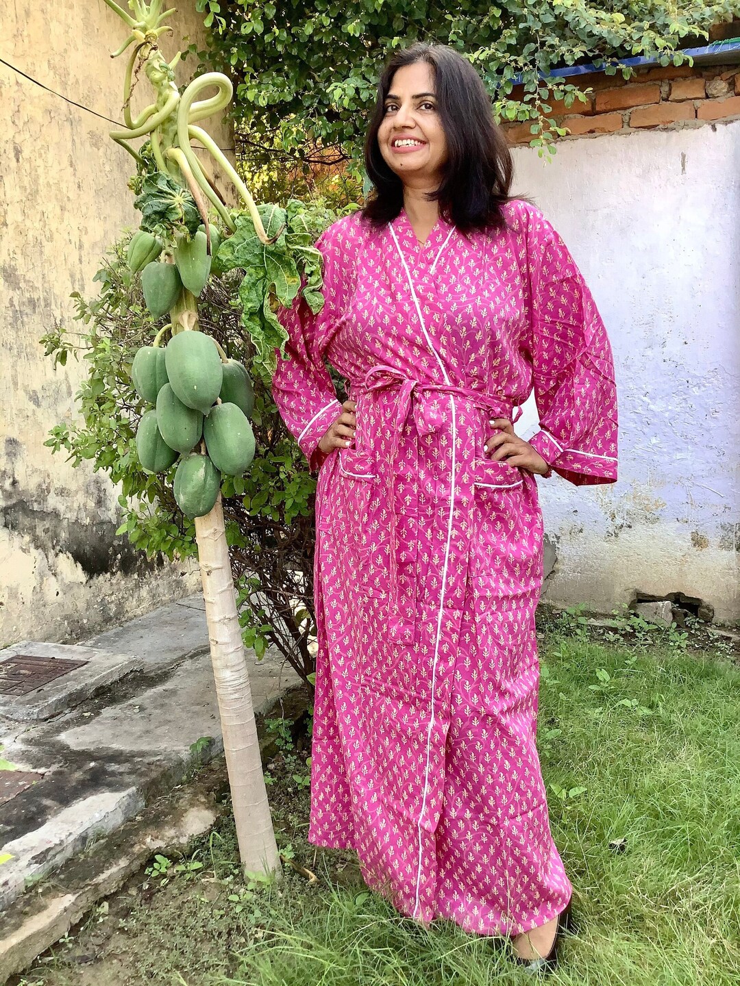 Pink Cotton Robe Robes For Women Kimono Robe Loungwear Tall Women Loungewear Handblock Cotton