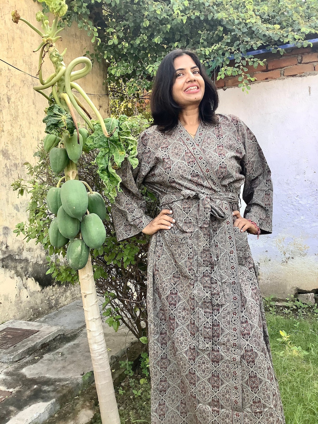 Brown Cotton Robe Robes for Women Cotton Kimono Robe Block Print Robe ...