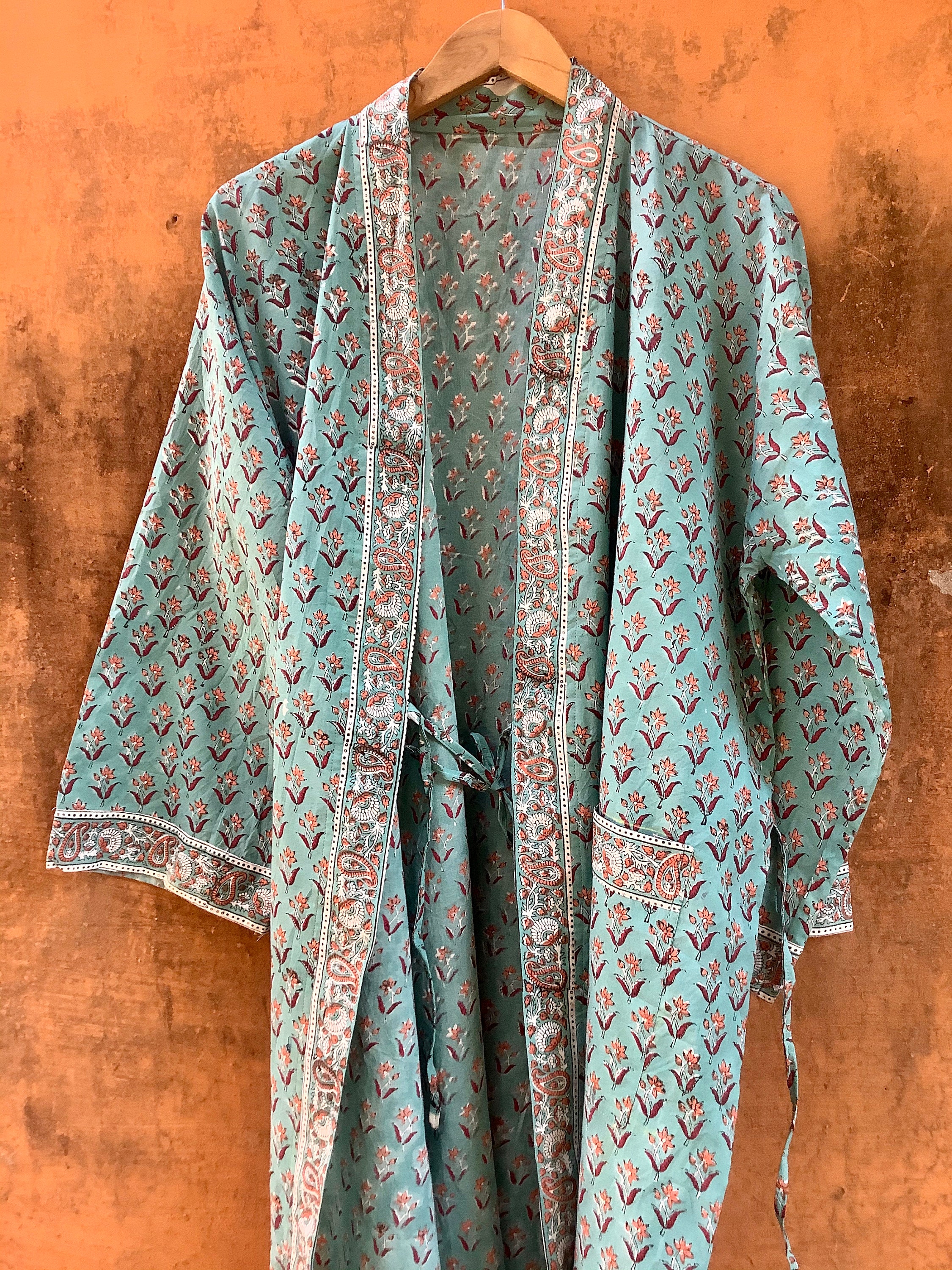 Teal Cotton Kimono Robes for Women Indian Dressing Gown Unisex - Etsy