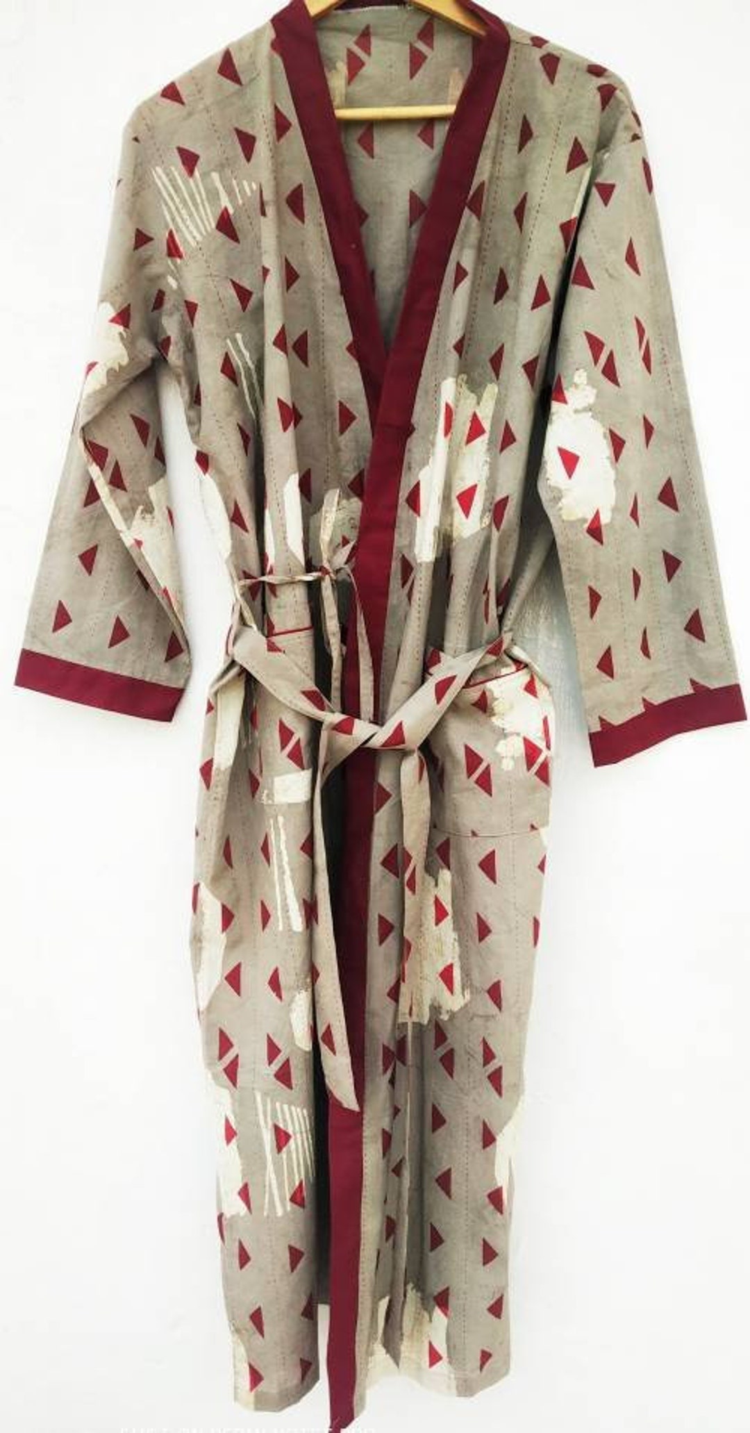 Hand Block Printed Bathrobe, Long Kimono, Dressing Gown, Wood Block ...