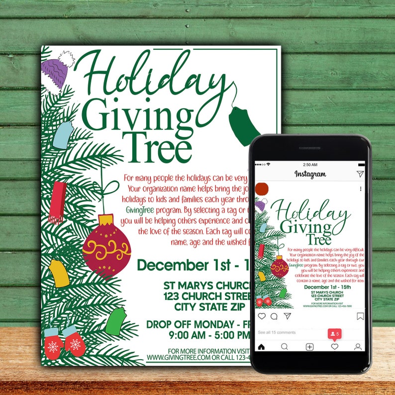 Holiday Giving Tree Flyer & Social Media Post Templates, Editable in ...