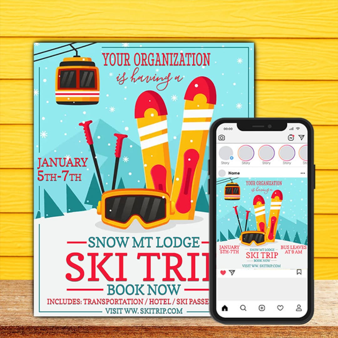 Winter Ski Trip Flyer Template and Social Media Post Group Function ...