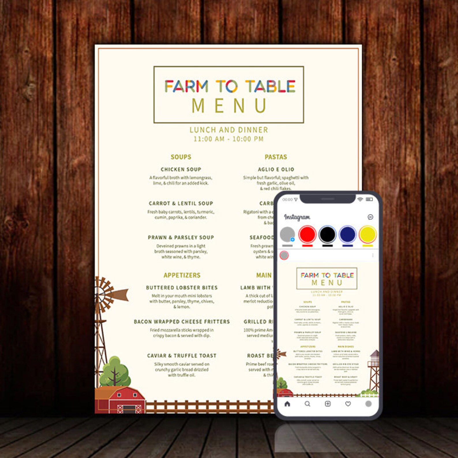 Farm to Table Menu and Instagram Post Template Editable - Etsy