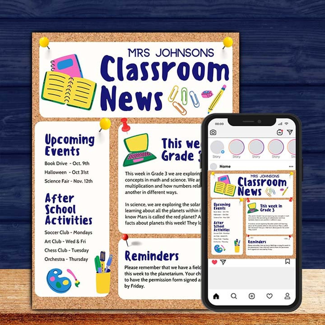 School Classroom Newsletter and Instagram Post Template, Digital ...