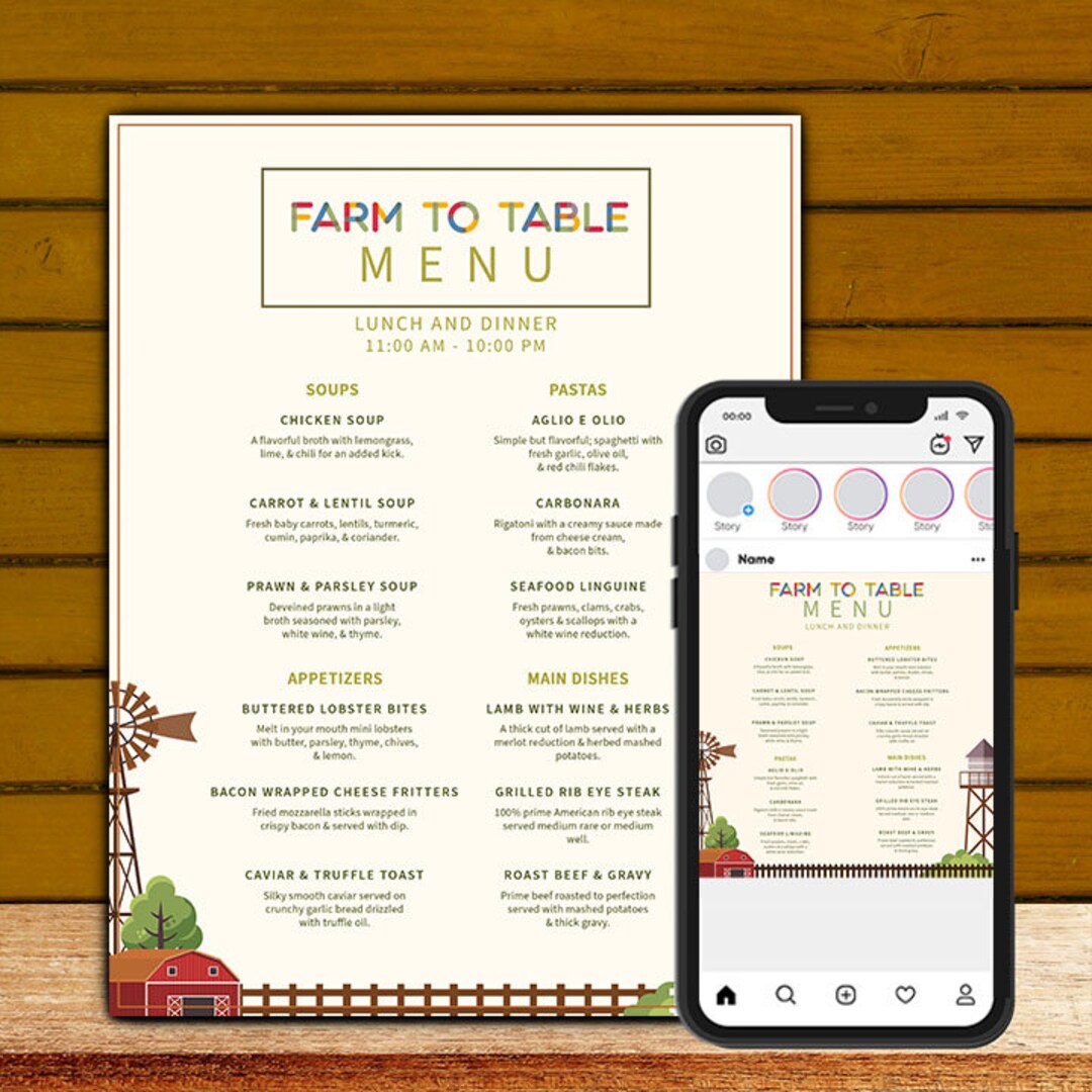 Farm to Table Menu and Instagram Post Template, Editable Photoshop ...
