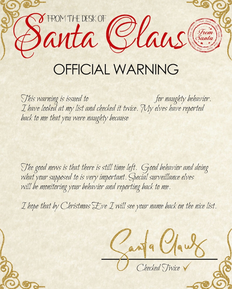 Santas Letter Official Warning Letter Naughty Letter Templateletter From Santa Editable 