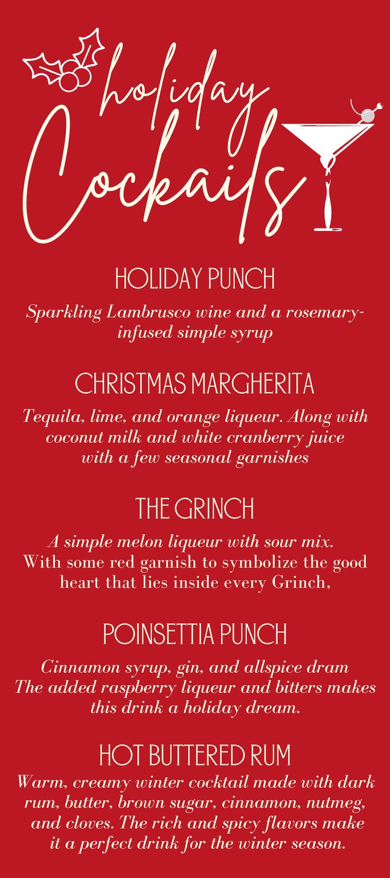 Holiday Cocktail Menu Template, Printable Drink Menu, Christmas Bar ...