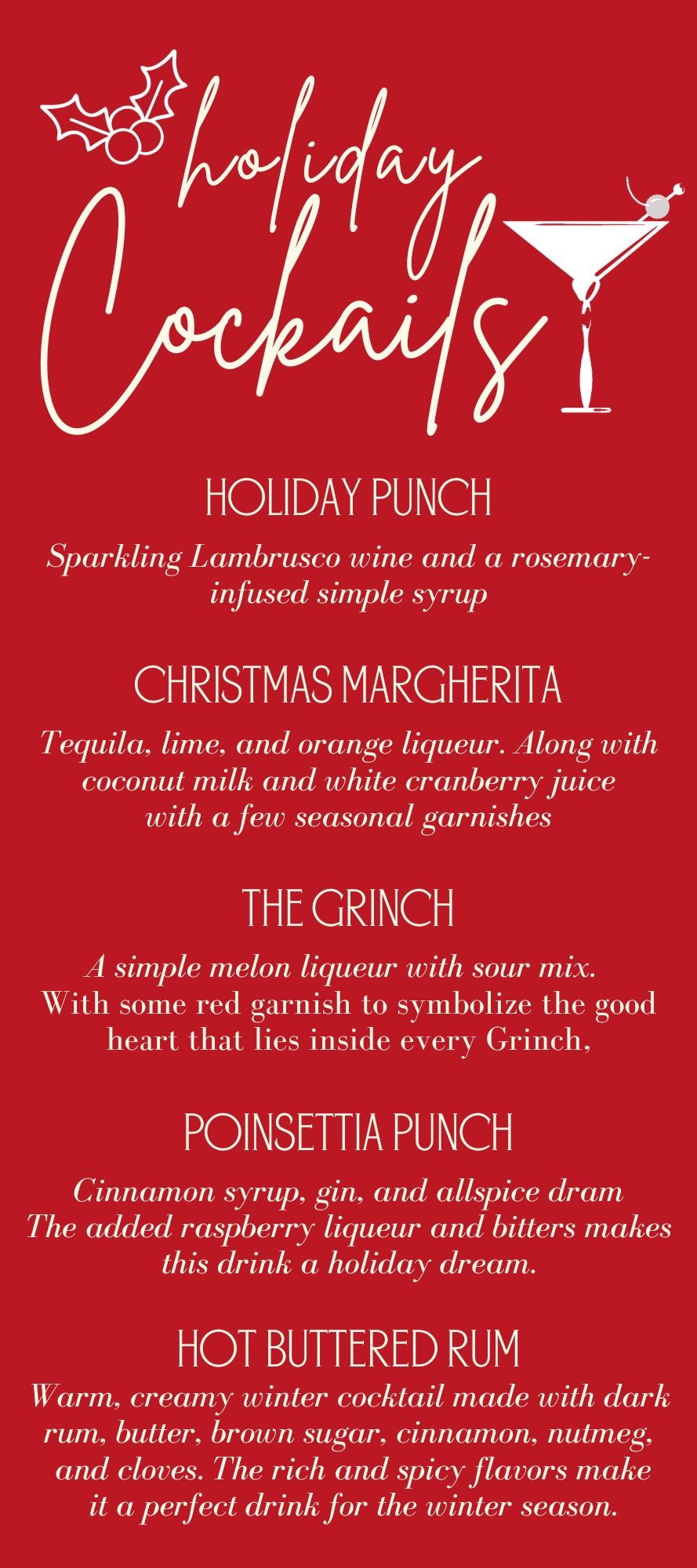Holiday Cocktail Menu Template, Printable Drink Menu, Christmas Bar ...