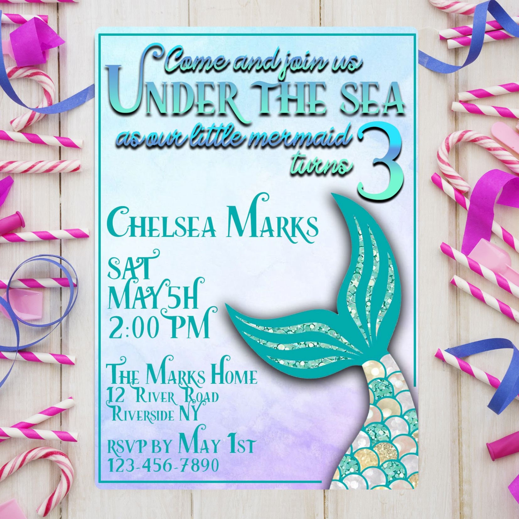 Mermaid Invitation Template Party Editable in Photoshop Social Media ...